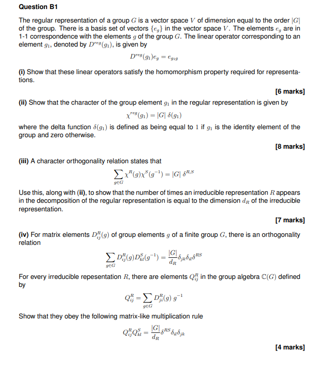 Solved The regular representation of a group G is a vector | Chegg.com