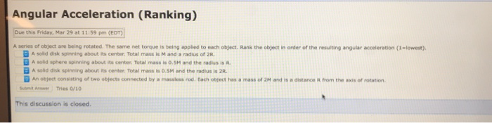 Solved Angular Acceleration (Ranking) Due this Friday, Mar | Chegg.com