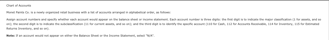 Solved Chart of Accounts Assign account numbers and specify | Chegg.com