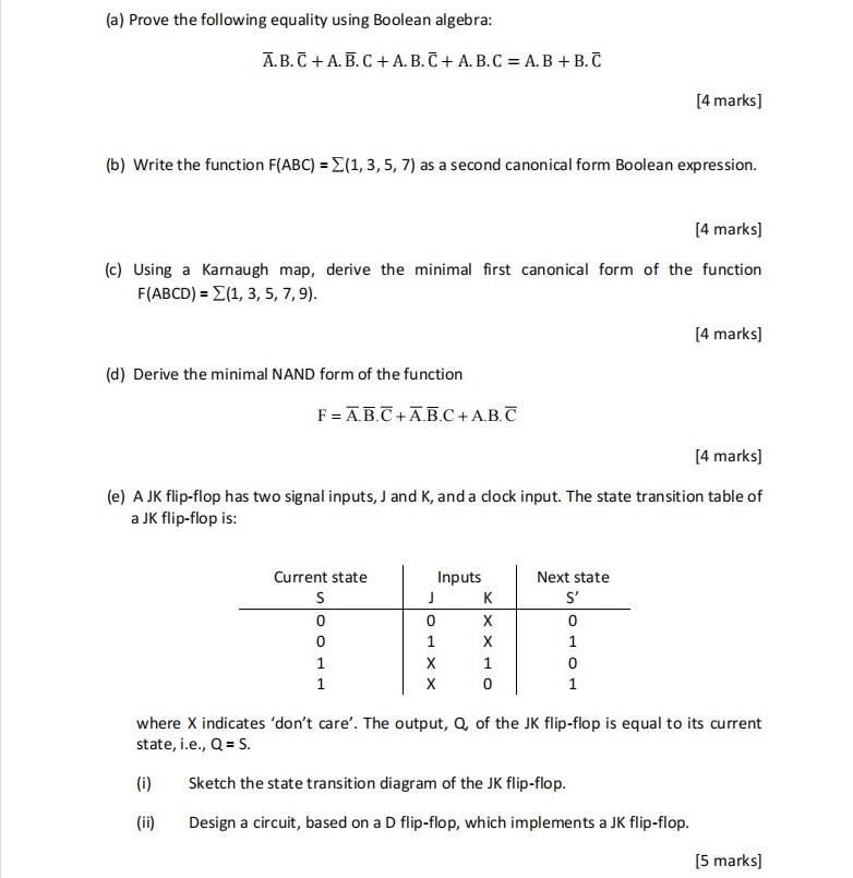 Solved (a) Prove the following equality using Boolean | Chegg.com