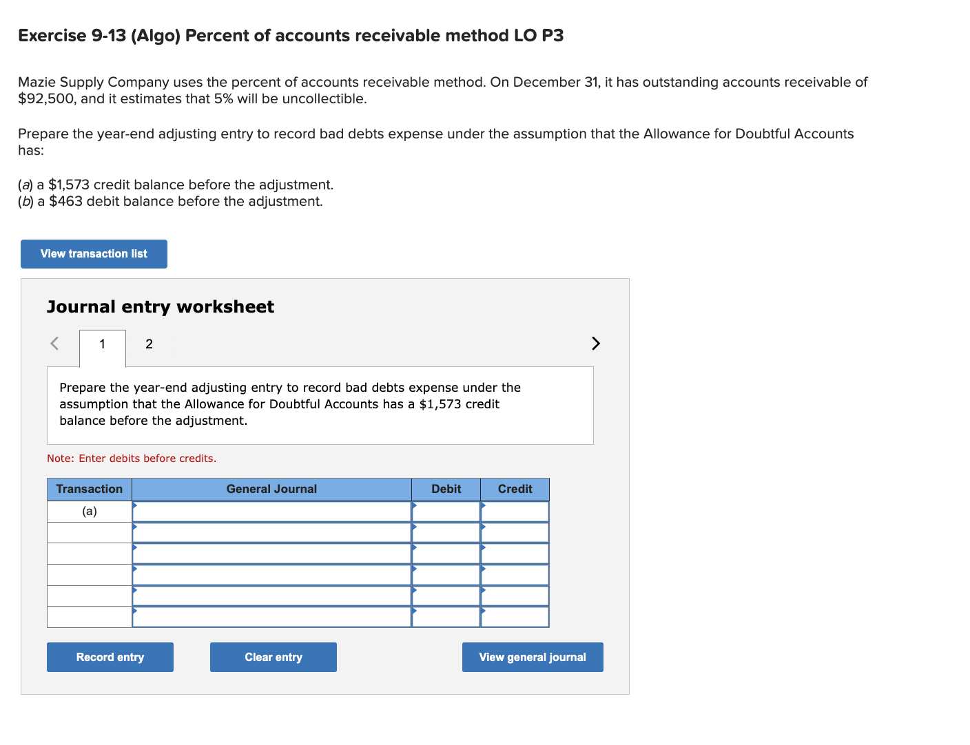 Solved Exercise 9-13 (Algo) ﻿Percent of accounts receivable | Chegg.com
