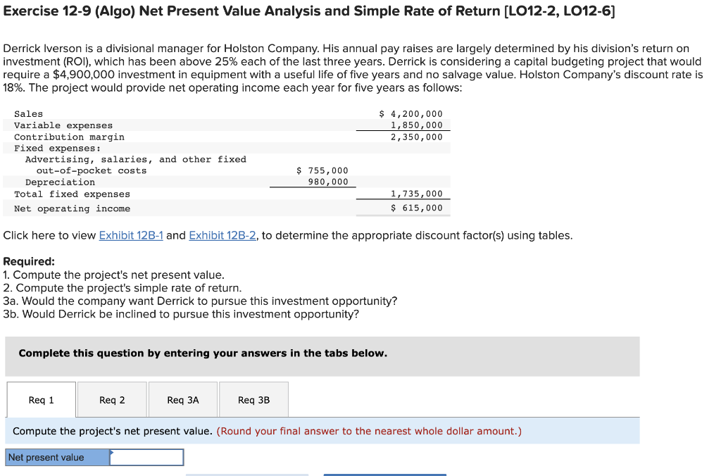 Solved Exercise 12-9 (Algo) Net Present Value Analysis and | Chegg.com
