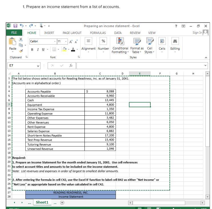 Solved 1. Prepare an income statement from a list of | Chegg.com
