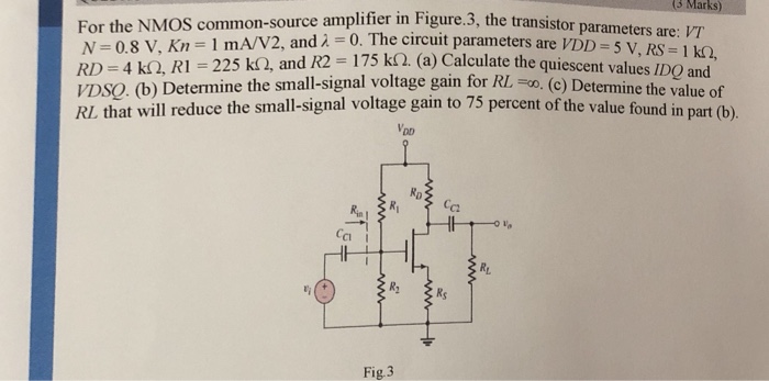 Solved (3 Marks) For the NMOS common-source amplifier in | Chegg.com
