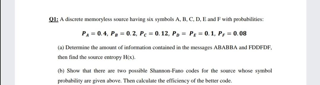Solved 01: A discrete memoryless source having six symbols | Chegg.com