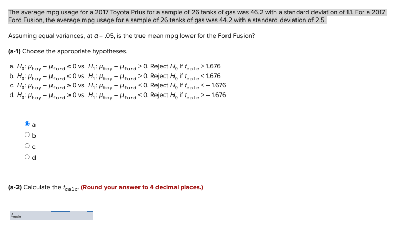 Solved The average mpg usage for a 2017 Toyota Prius for a | Chegg.com