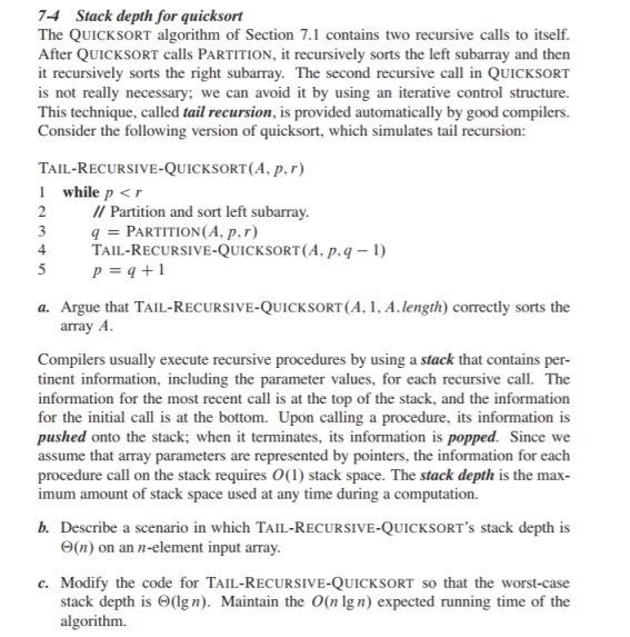 Solved 7-4 Stack depth for quicksort The QUICKSORT algorithm | Chegg.com