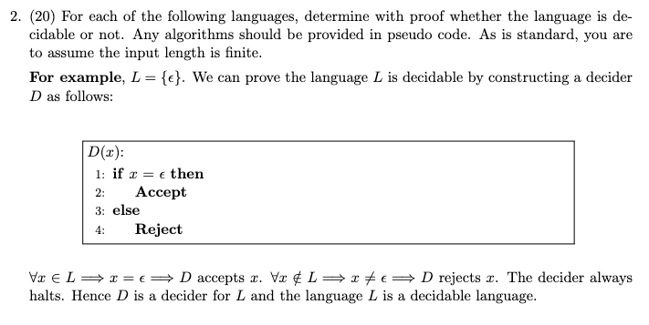 Solved 2. (20) For each of the following languages, | Chegg.com