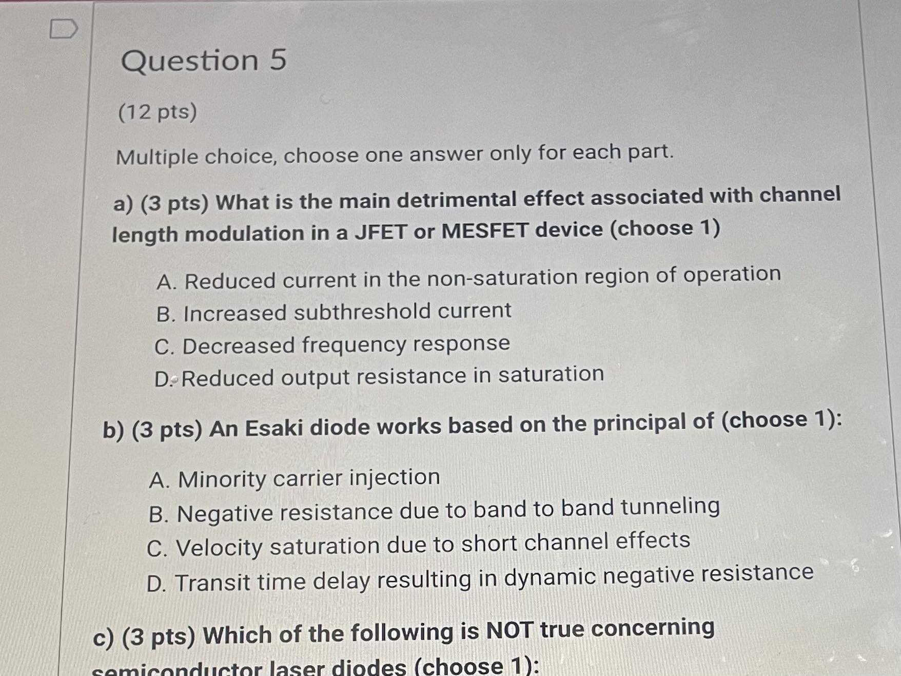 Solved (12 pts) Multiple choice, choose one answer only for | Chegg.com