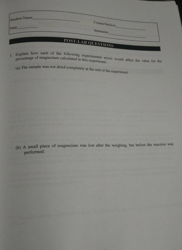 Solved Student Name Course/Section Date Instructor POST-LAB | Chegg.com
