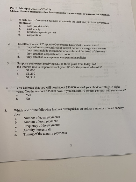 Solved Part I: Multiple Choice. (9*3-27) Choose the one | Chegg.com