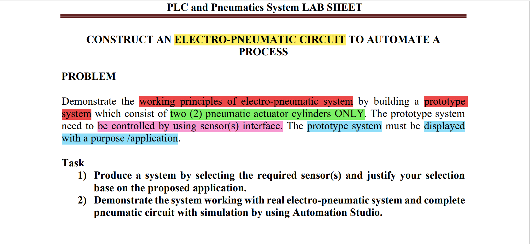 PLC and Pneumatics System LAB SHEET CONSTRUCT AN | Chegg.com