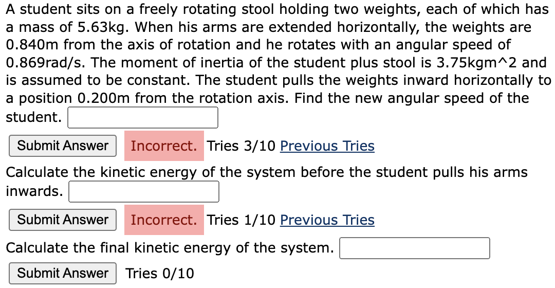 Solved A student sits on a freely rotating stool holding two | Chegg.com