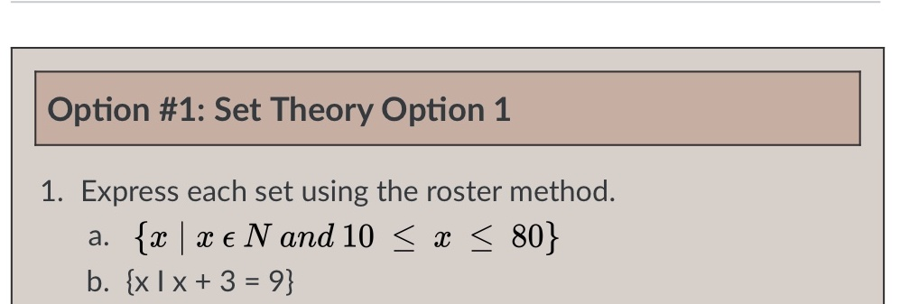 Solved Option #1: Set Theory Option 1 1. Express each set | Chegg.com