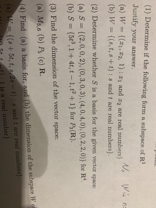 Solved (1) Determine if the following form a subspace of R3 | Chegg.com