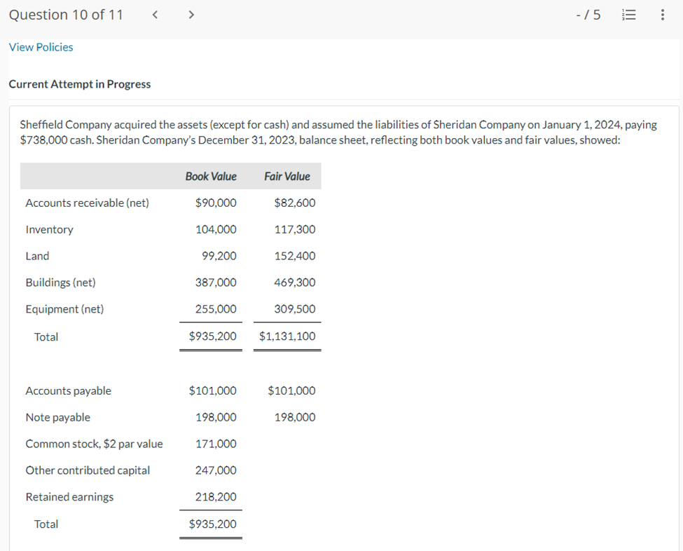Solved Current Attempt in Progress Sheffield Company | Chegg.com