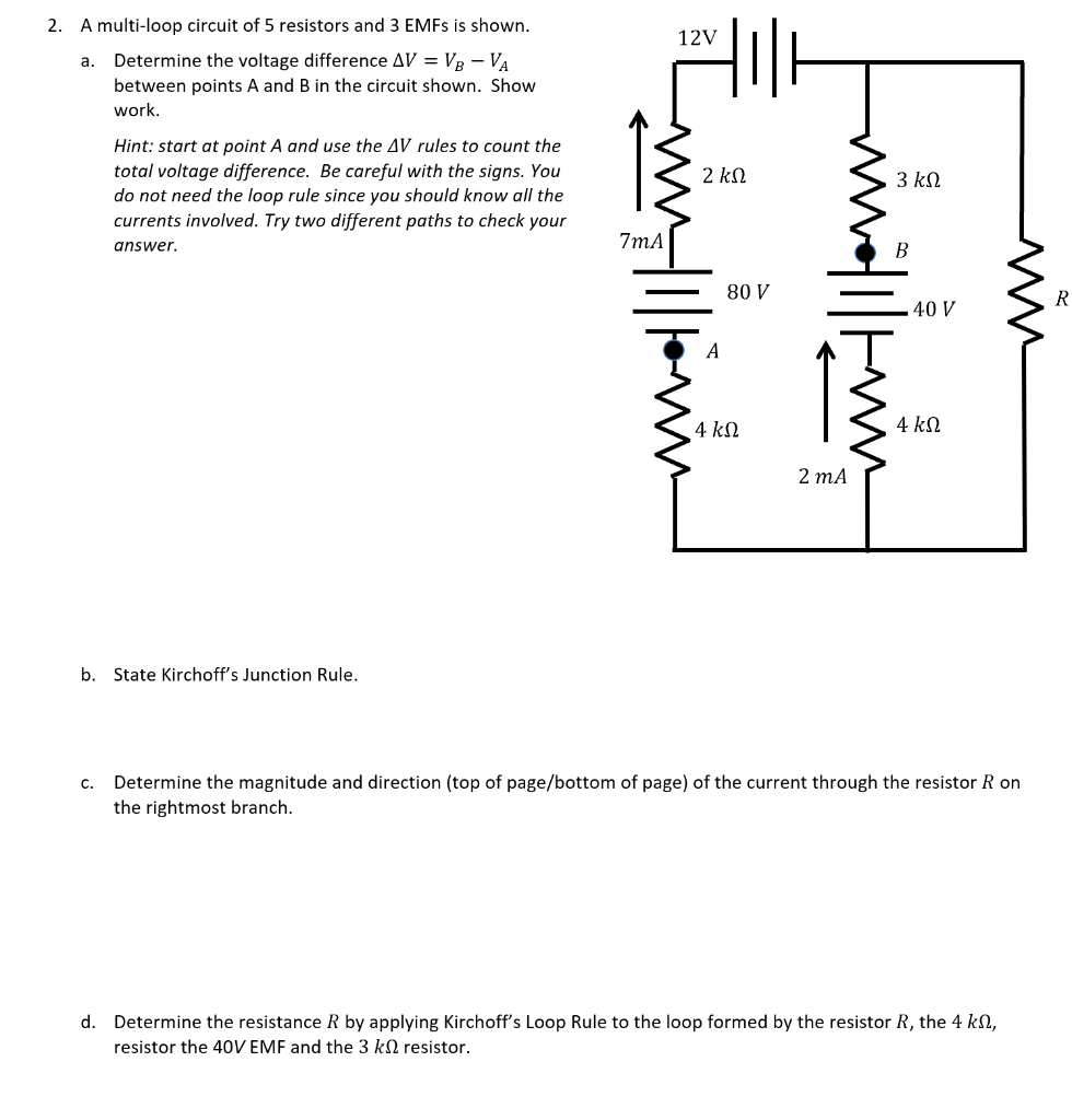 Solved 2. 12V A multi-loop circuit of 5 resistors and 3 EMFs | Chegg.com