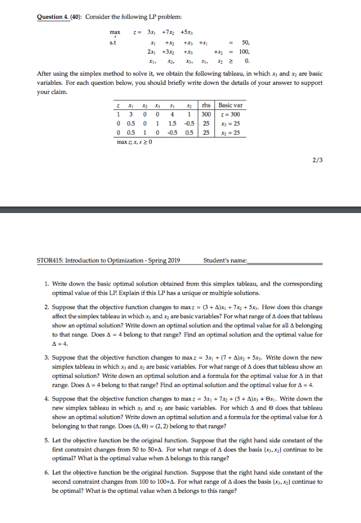 Question 4. (40): Consider the following LP problem: | Chegg.com