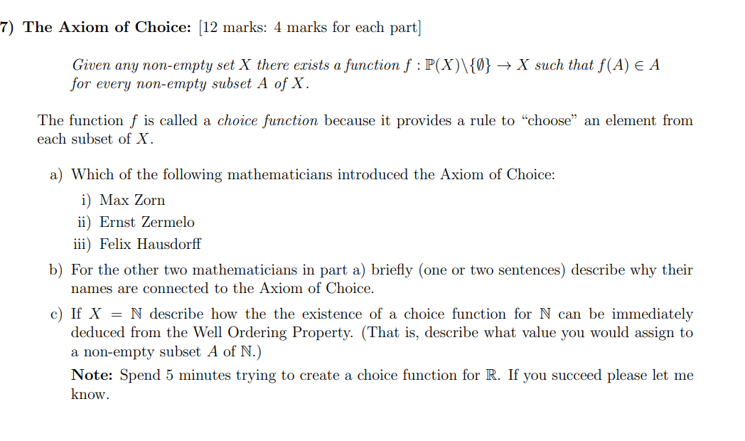 Solved The Axiom of Choice: [12 marks: 4 marks for each | Chegg.com