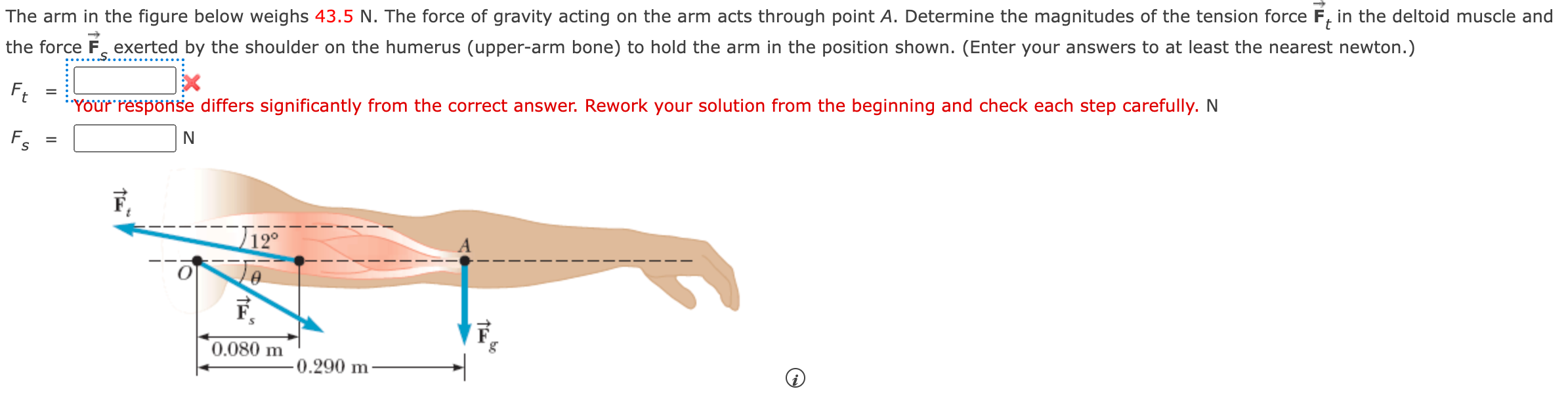 Solved The arm in the figure below weighs 43.5 N. The force | Chegg.com