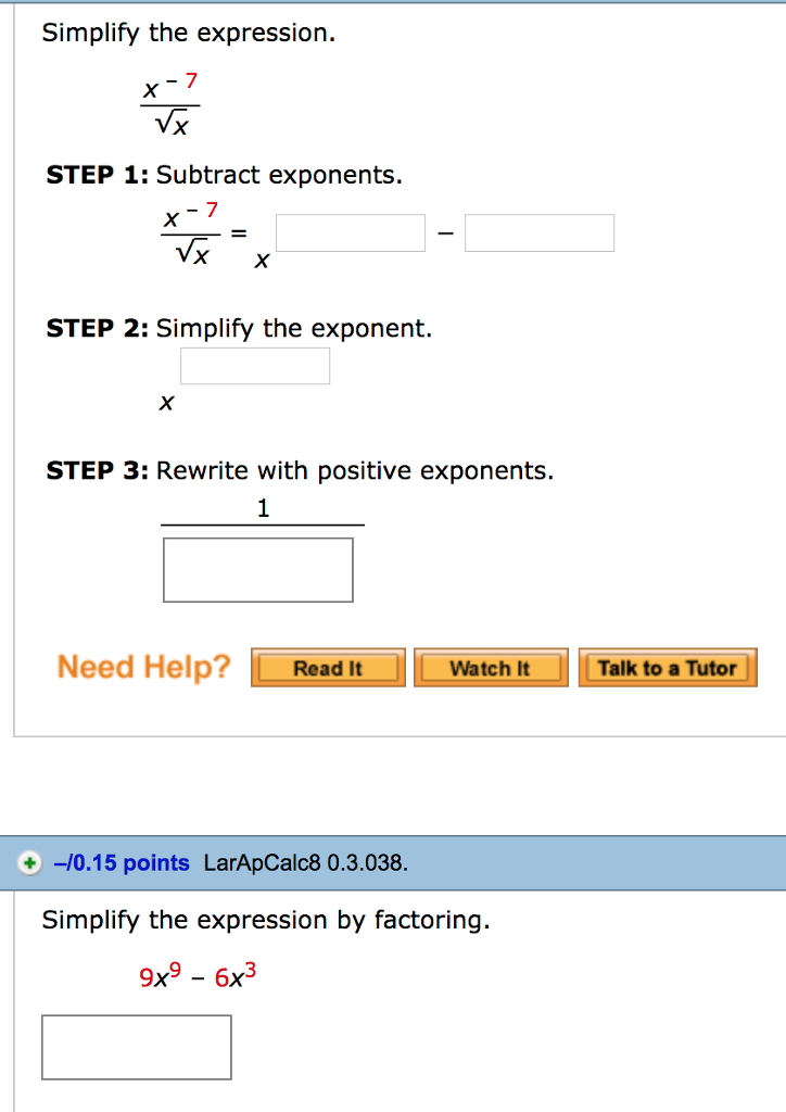 Solved Simplify the expression. STEP 1: Subtract exponents. | Chegg.com