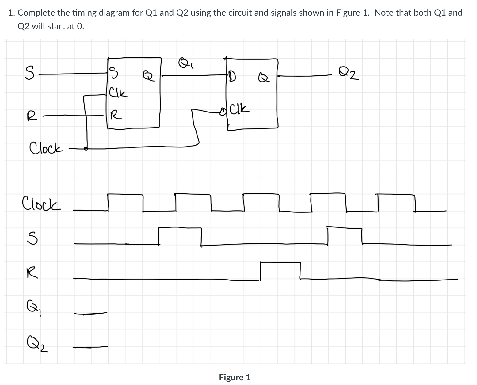 Solved Complete the timing diagram for Q1 and Q2 using the | Chegg.com