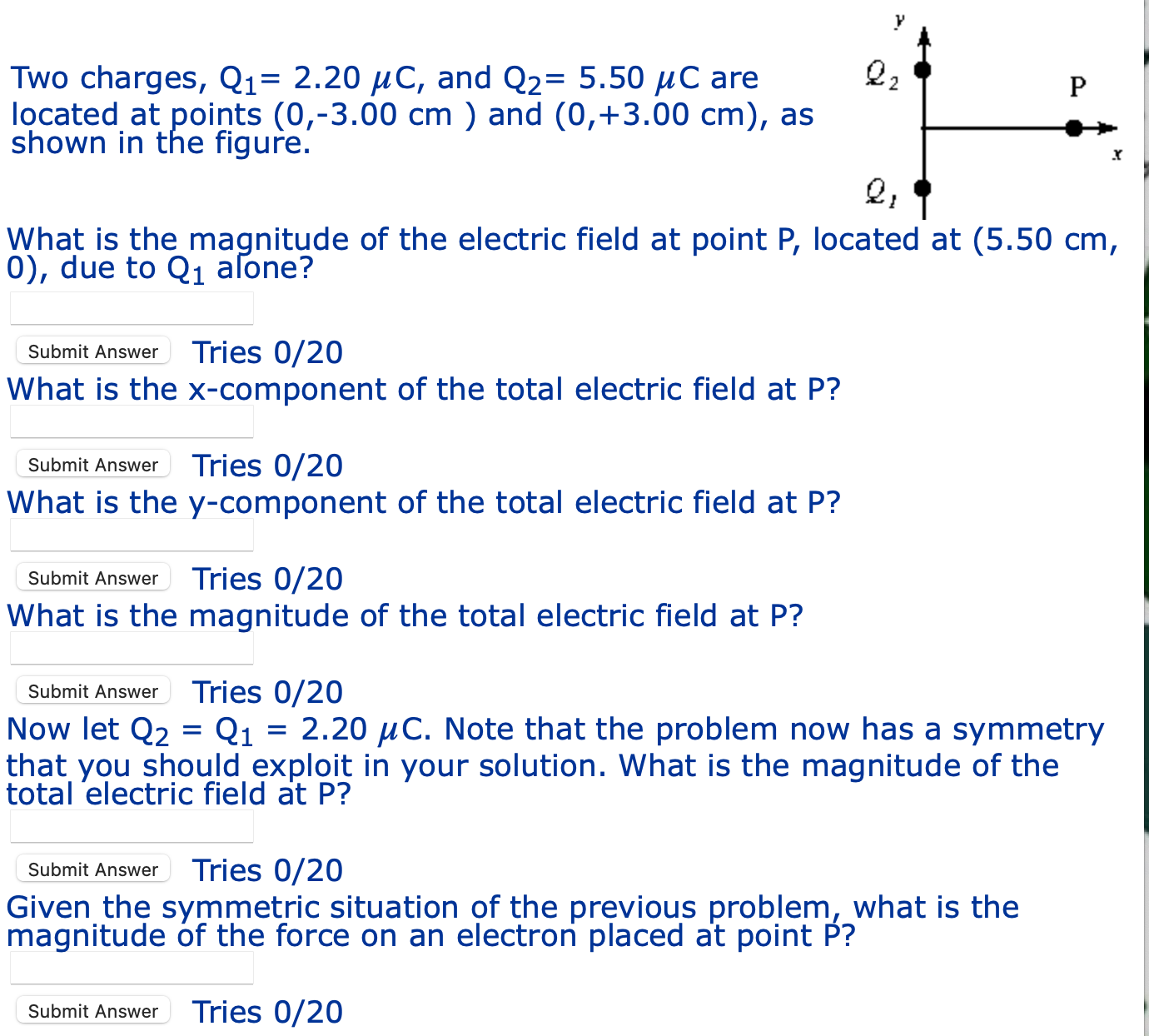 Solved Two charges, Q1=2.20μC, and Q2=5.50μC are located at | Chegg.com
