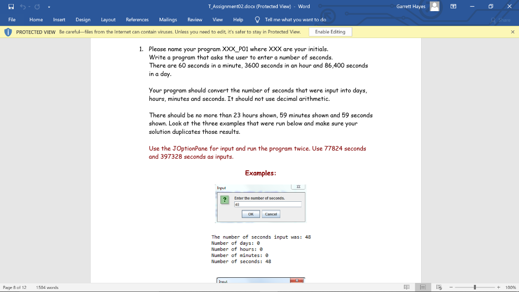 Solved T_AssignmentO2.docx (Protected View) - Word Garrett | Chegg.com