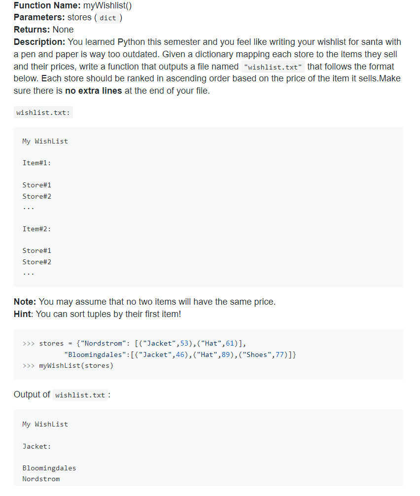 Solved Function Name: myWishlist() Parameters: stores ( dict | Chegg.com
