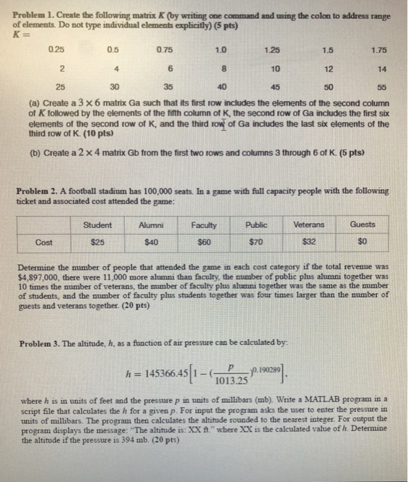 Solved Problem 1. Create the following matrix K (by writing | Chegg.com