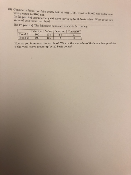 Solved (3) Consider a bond portfolio worth $40 mil with DV01 | Chegg.com