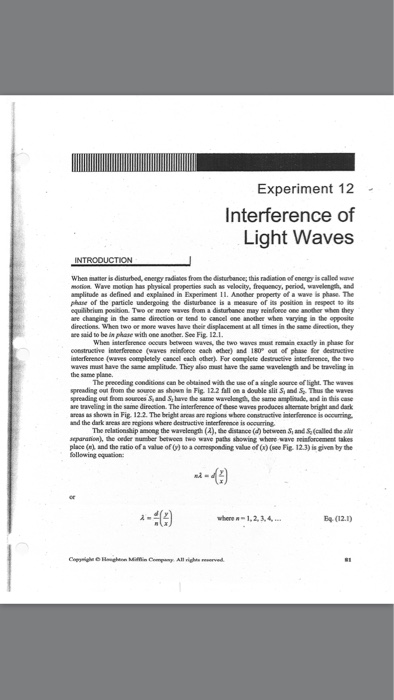 Solved Experiment 12 Interference of Light Waves | Chegg.com
