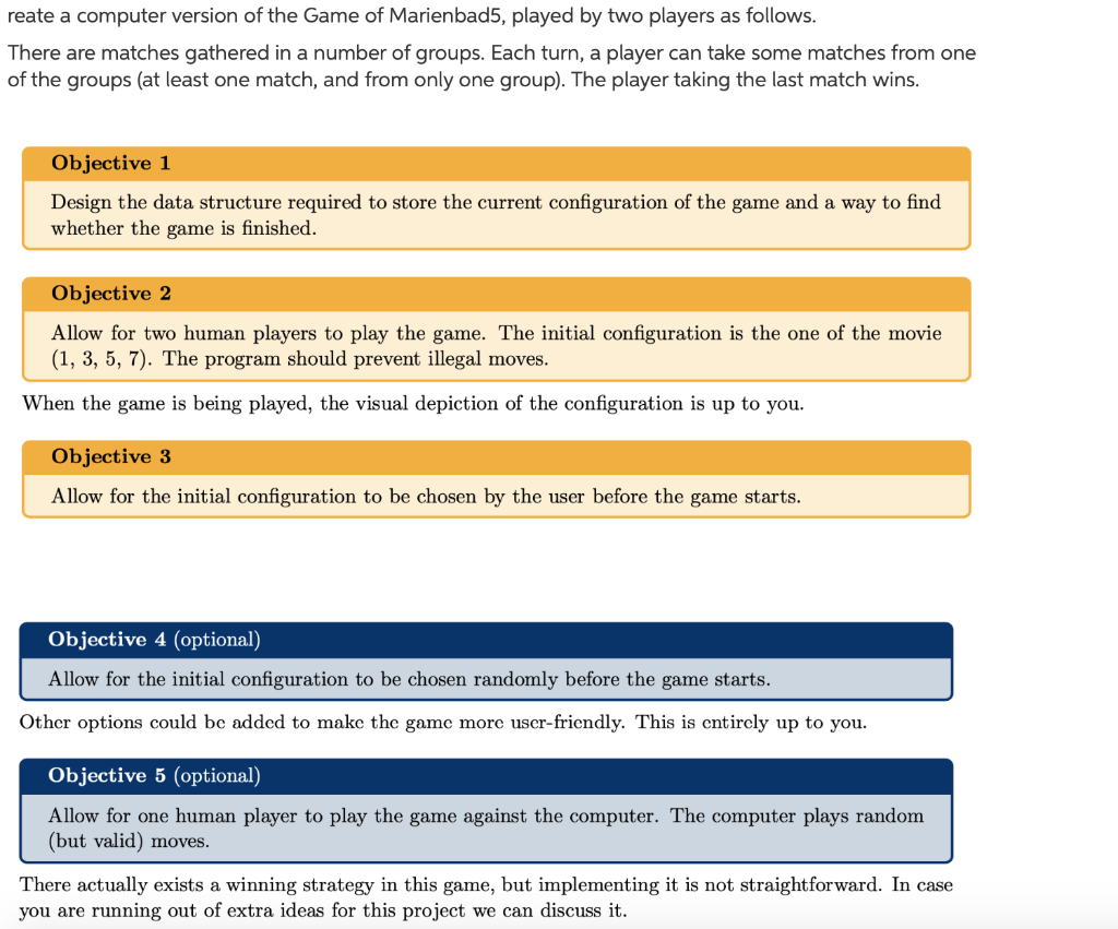 Solved reate a computer version of the Game of Marienbad5, | Chegg.com