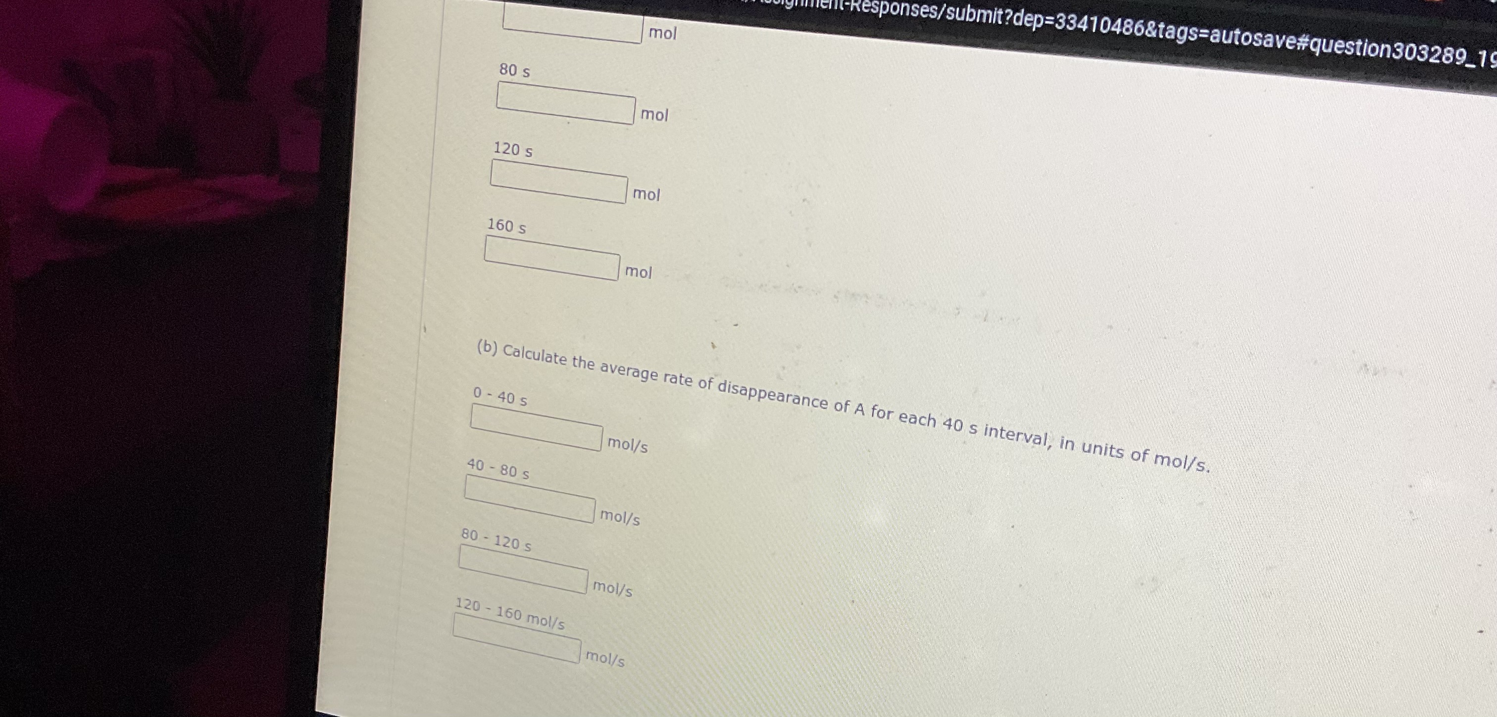 Solved mol160s(b) ﻿Calculate the average rate of | Chegg.com