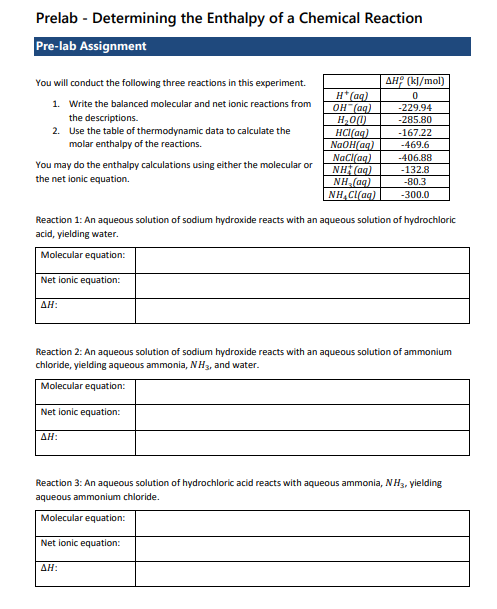 Solved Prelab - Determining the Enthalpy of a Chemical | Chegg.com