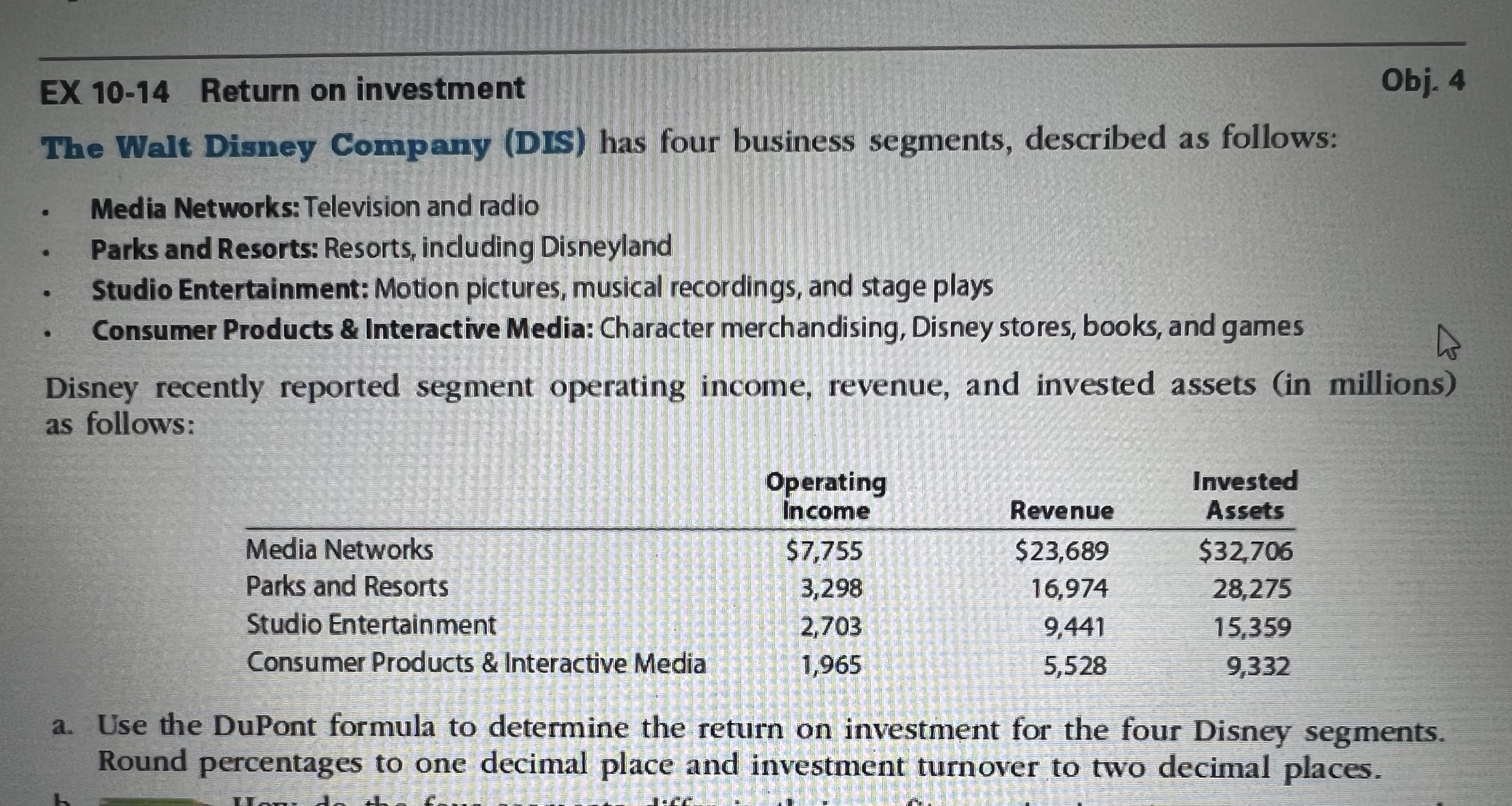 Solved EX 10-14 ﻿Return on investmentThe Walt Disney Company | Chegg.com