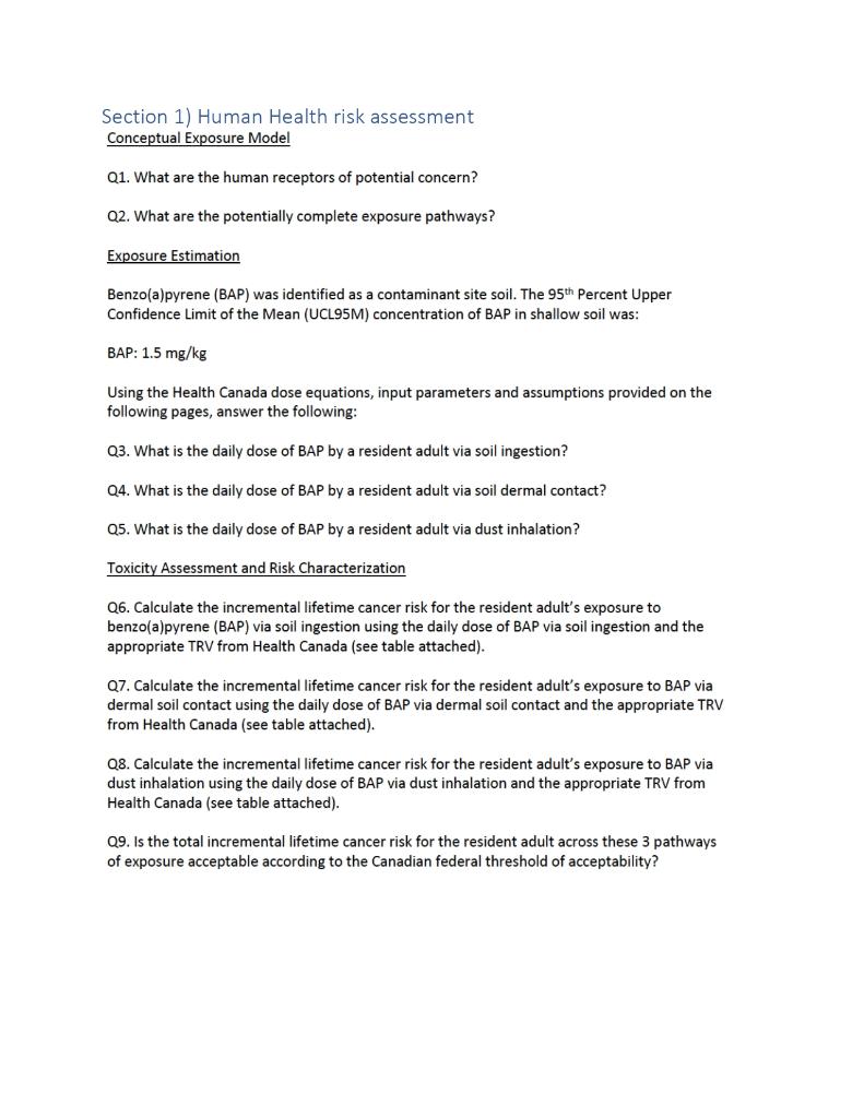 Section 1) Human Health risk assessment Conceptual | Chegg.com