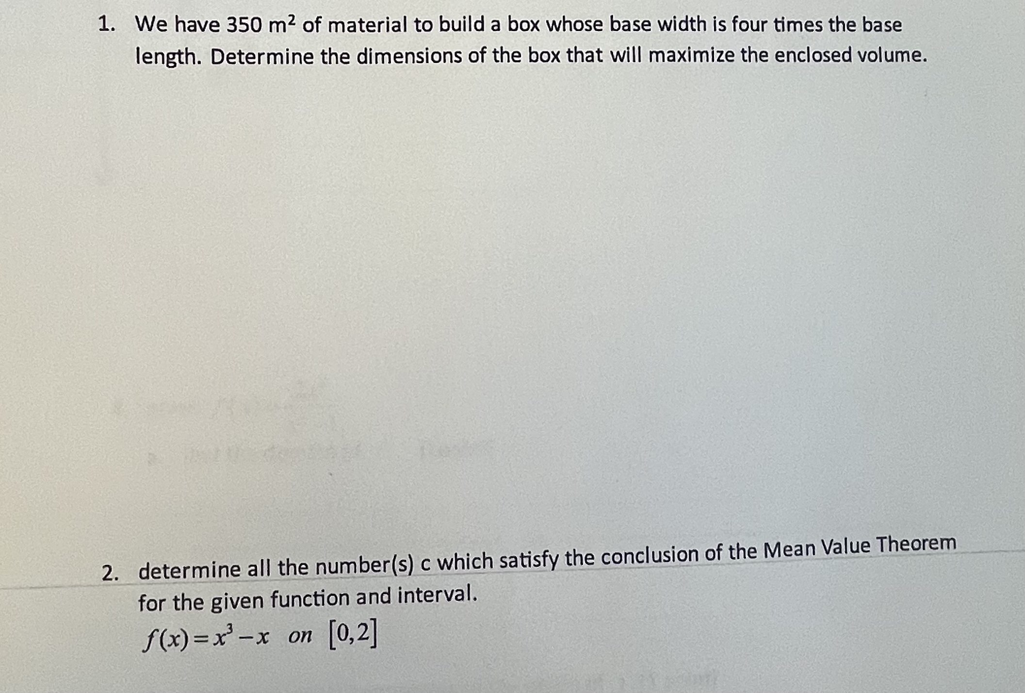 Solved 1. We have 350 m2 of material to build a box whose | Chegg.com