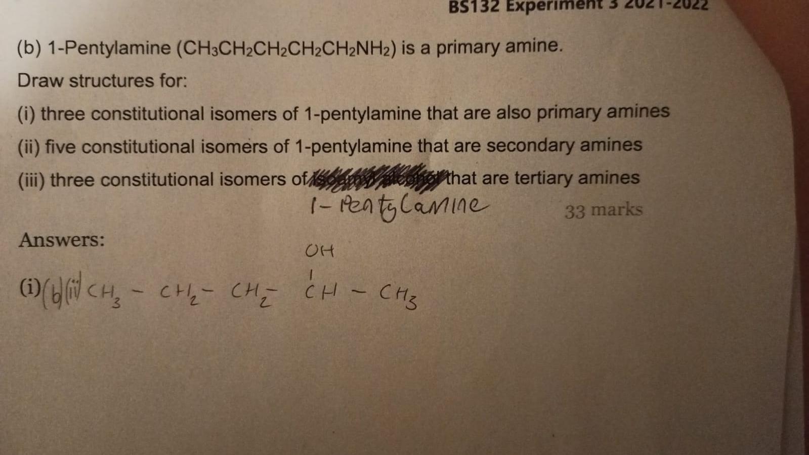 Solved BS132 Experiments (b) 1-Pentylamine | Chegg.com