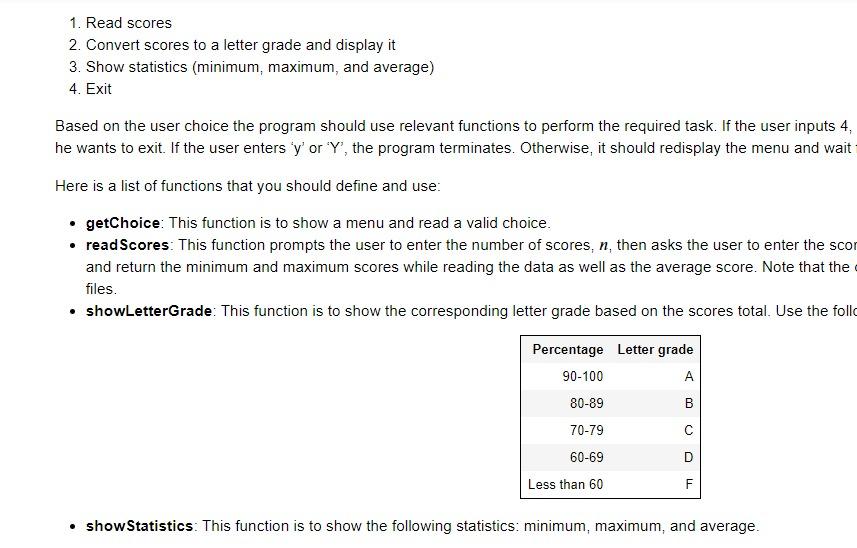 Solved 1. Read scores 2. Convert scores to a letter grade | Chegg.com
