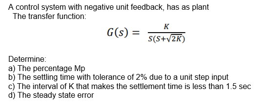 Solved A control system with negative unit feedback, has as | Chegg.com