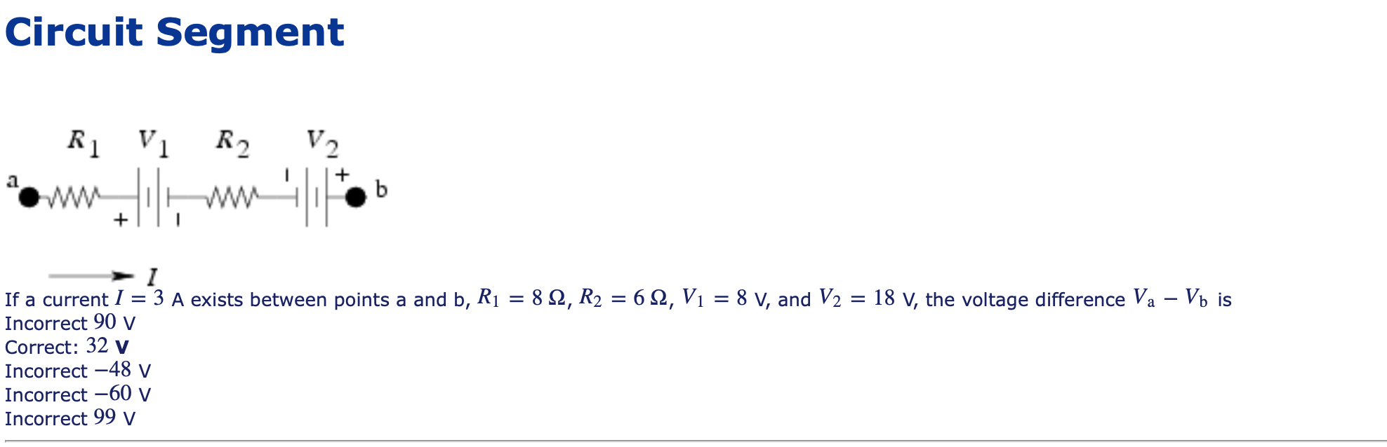 Solved Circuit Segment - R V R2 2 + + If a current I = 3 A | Chegg.com