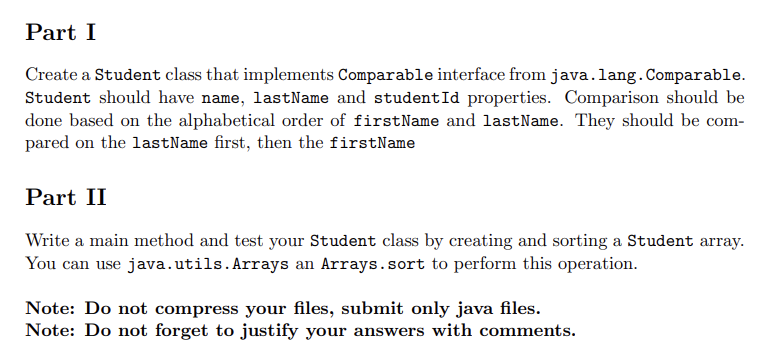 Solved Create a Student class that implements Comparable | Chegg.com