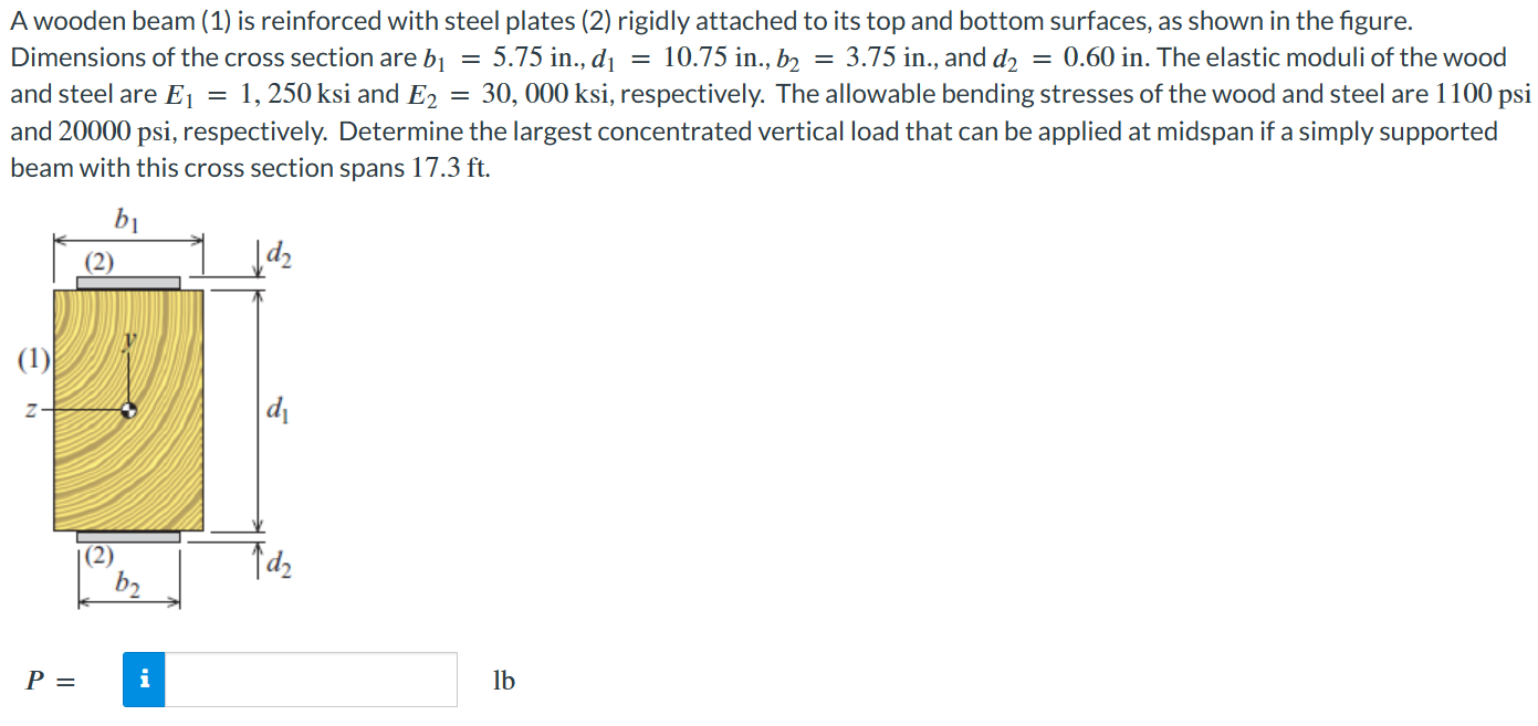 Solved A wooden beam (1) is reinforced with steel plates (2) | Chegg.com