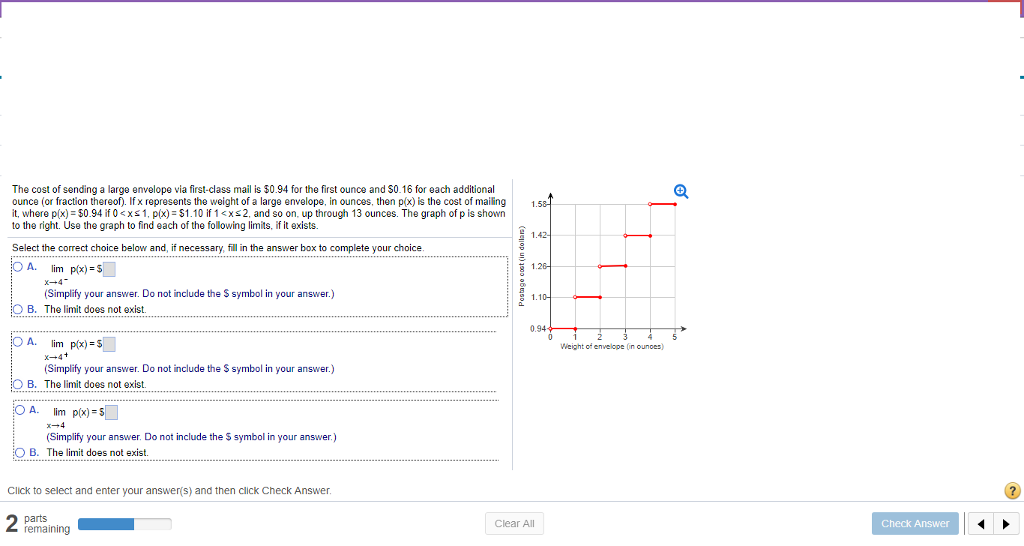 Solved The cost of sending a large envelope via first-class | Chegg.com