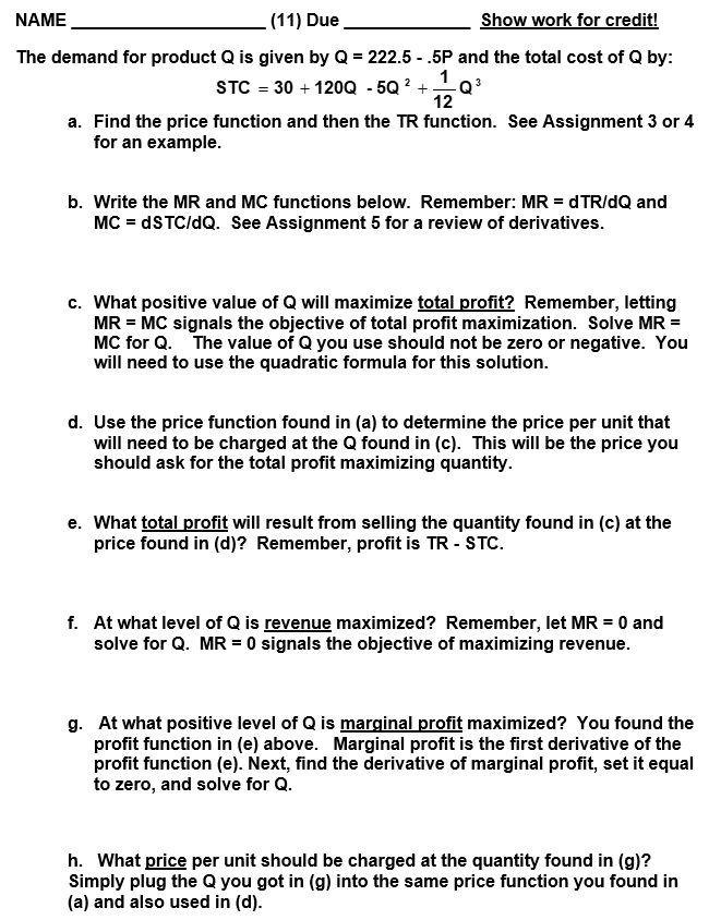 Solved AME . (11) Due Show work for credit! e demand for | Chegg.com