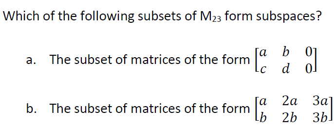 Solved Which of the following subsets of M23 form subspaces? | Chegg.com