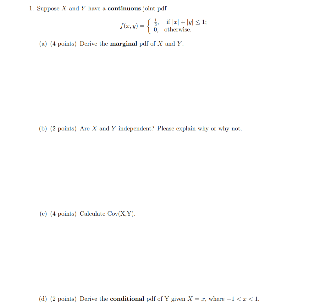 Solved 1. Suppose X and Y have a continuous joint pdf f(x,y) | Chegg.com