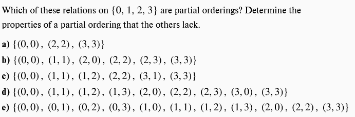 Solved Which of these relations on {0, 1, 2, 3} are partial | Chegg.com