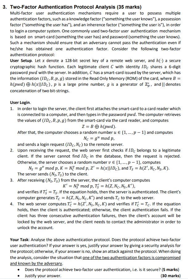 3. Two-Factor Authentication Protocol Analysis (35 | Chegg.com